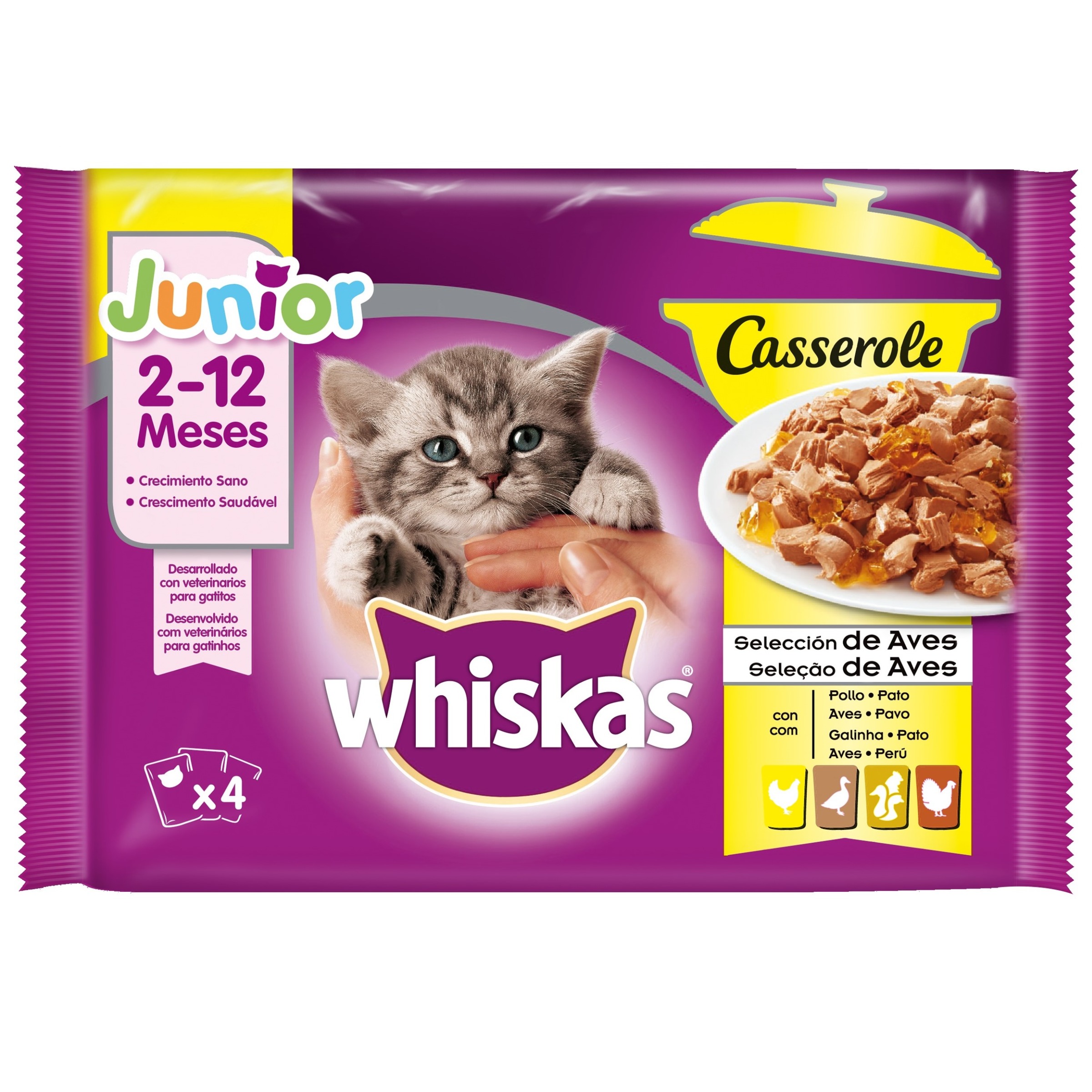 WHISKAS Alimento Húmido Para Gato Júnior Casserole Aves 4x85 g | GATOS ...